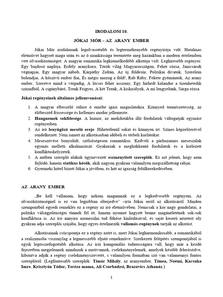 I. 10. Jókai Mór Az Arany Ember - Docx Másolata | PDF