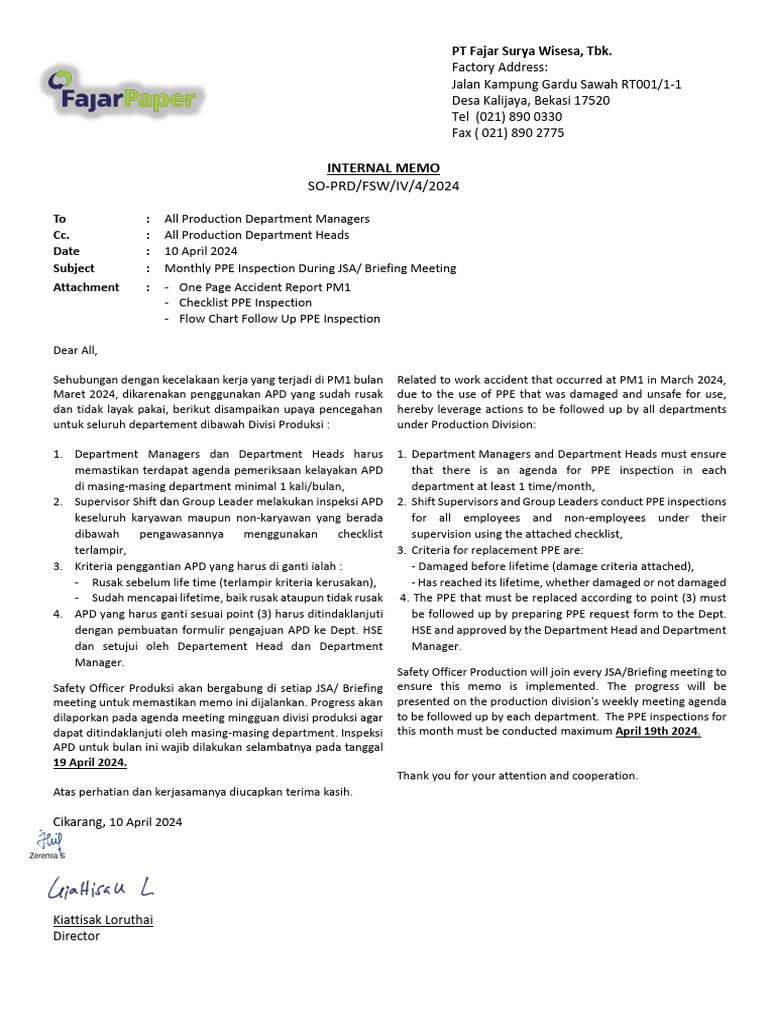 Internal Memo PPE Inspection-signed | PDF