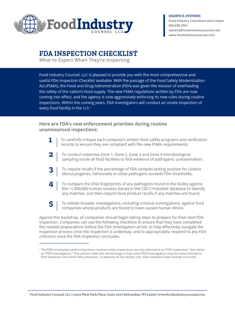 FDA Inspection Checklist Food Industry Counsel | PDF | Food And Drug ...