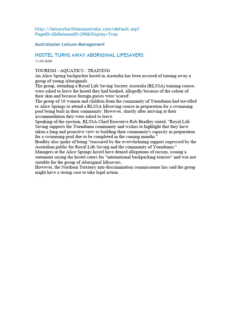 Hostel Turns Away Aboriginal Lifesavers | PDF | Travel | Wellness