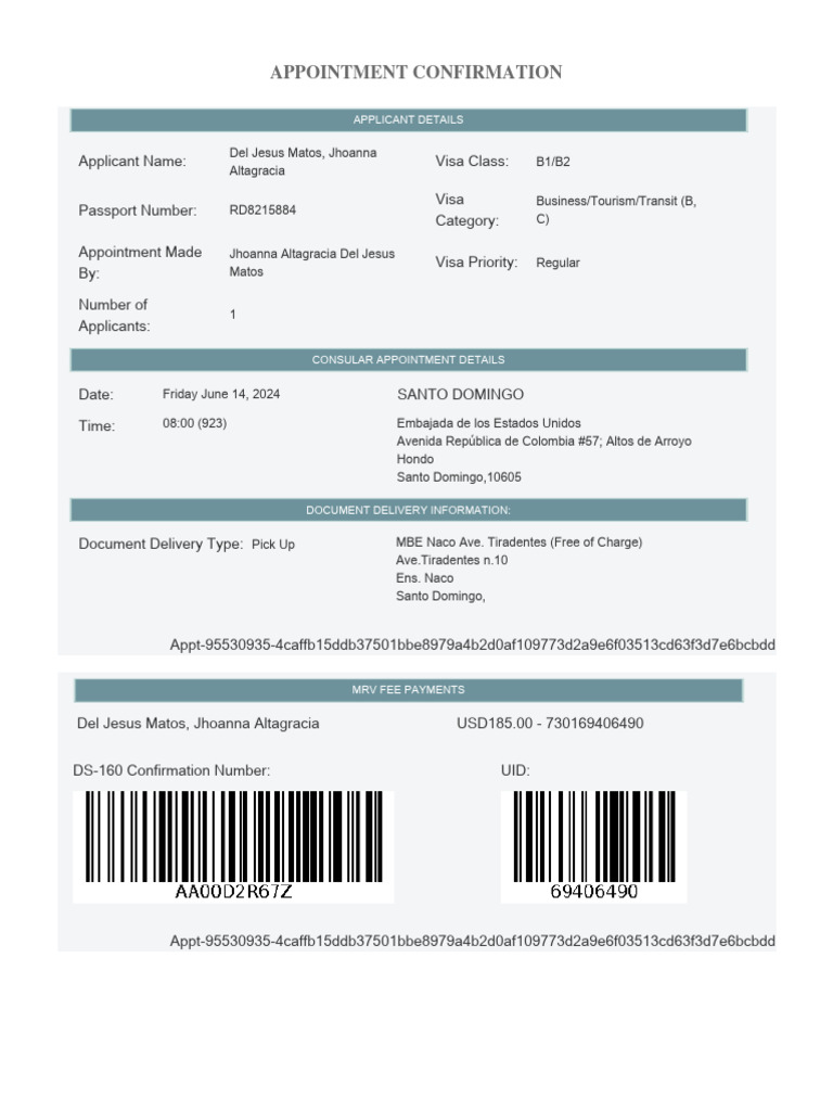 U.S. Visa Appointment Confirmation | PDF | Travel Visa
