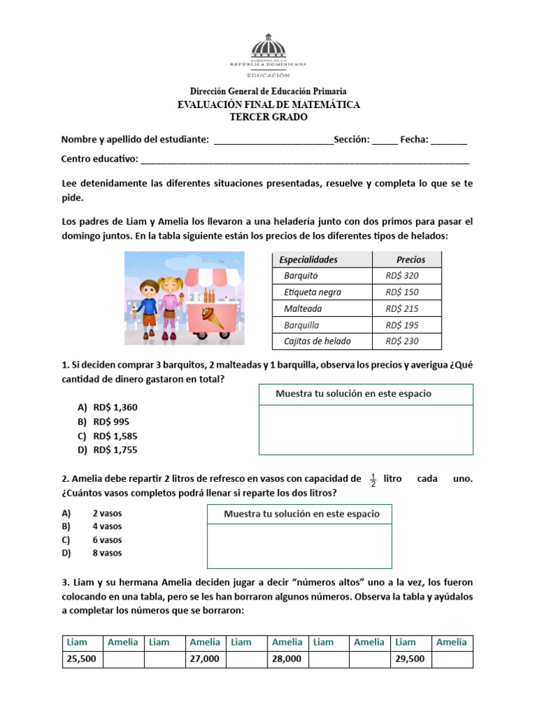 3ro-Mat Eval Fin Primaria Junio 2024 | PDF