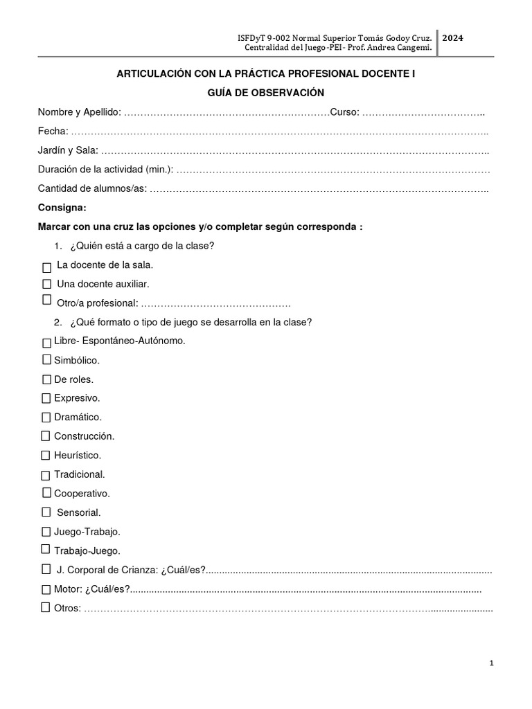 Guía de Observación Juego 2024 Prof. Andrea Cangemi | PDF