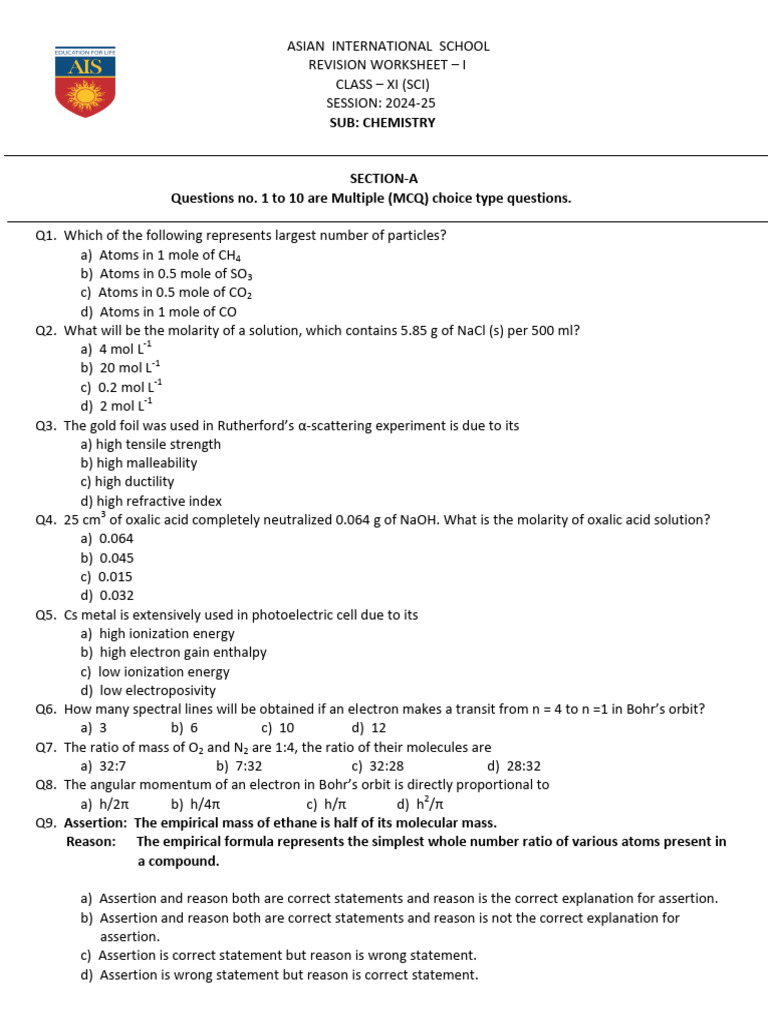 Class Xi Revision Worksheet I (2024-25) | PDF | Atoms | Electron