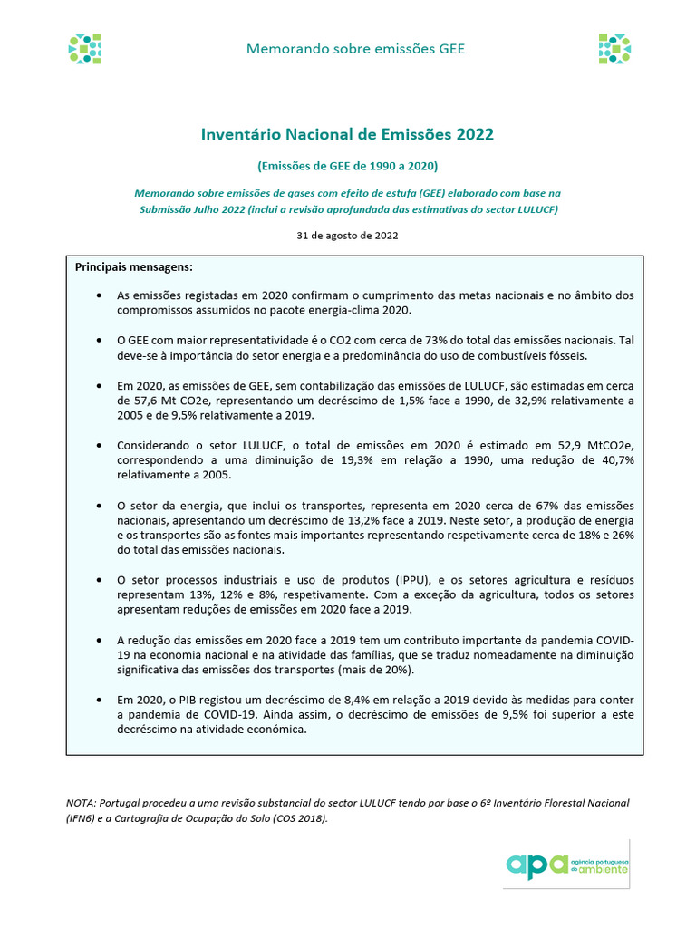 Emissões de GEE em Portugal 2020 | PDF | Gás de efeito estufa | Energia ...