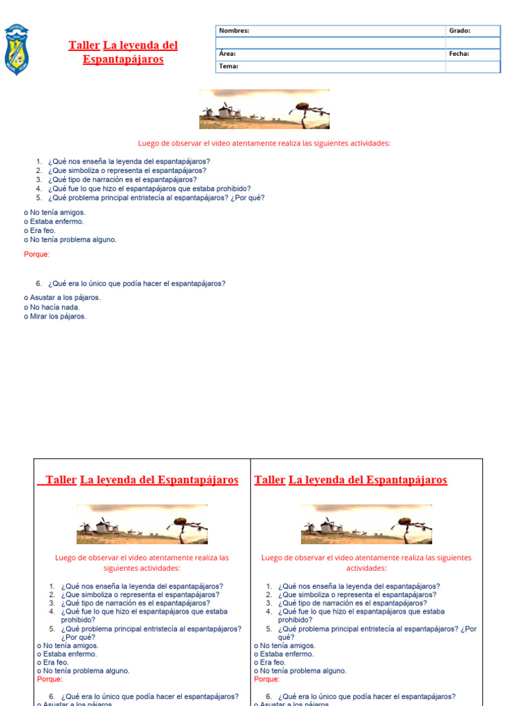 Taller sobre la Leyenda del Espantapájaros | PDF | Libros para adolescentes