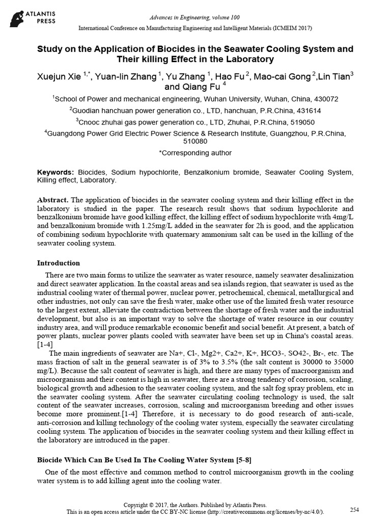 Study on the Application of Biocides in the Seawater Cooling System and ...