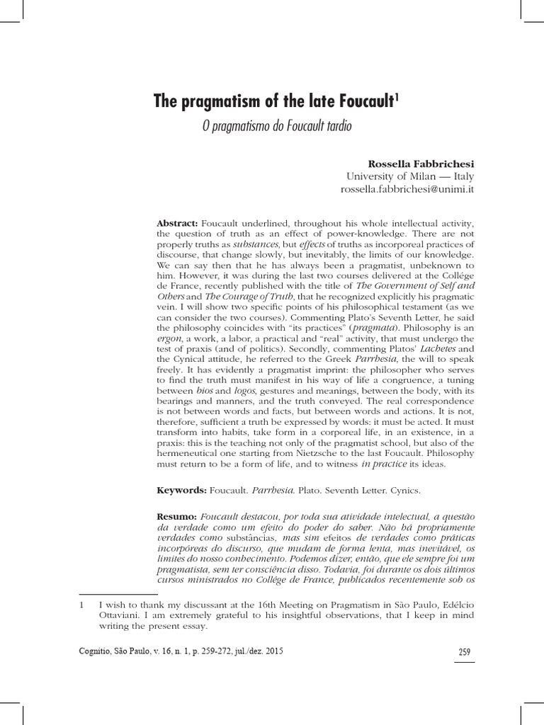 The Pragmatism of The Late Foucault | PDF | Truth | Pragmatism