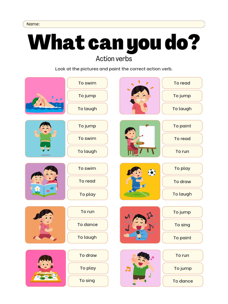 Action Verbs Worksheet for Kids | PDF