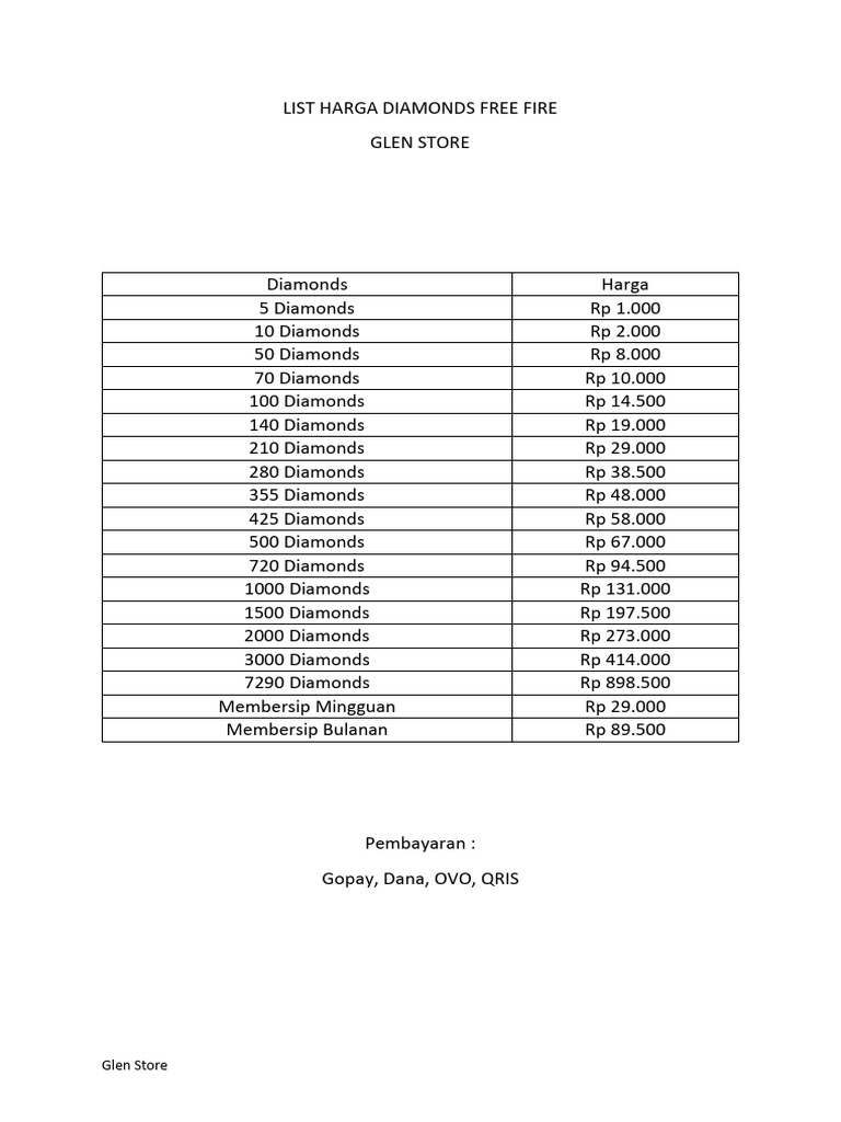List Harga Diamonds Free Fire | PDF