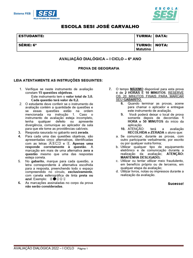 Prova 6º ANO I Ciclo | PDF | Terra | Geografia