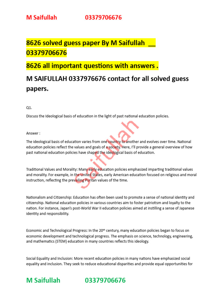 8626 Solved Guess Paper - 03379706676 | PDF | Teachers | Teacher Education