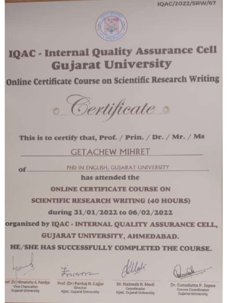 Certificate of Scintific Research Writing | PDF