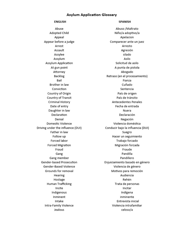 Asylum Application Glossary English-Spanish | PDF | Crímenes | Crimen y violencia