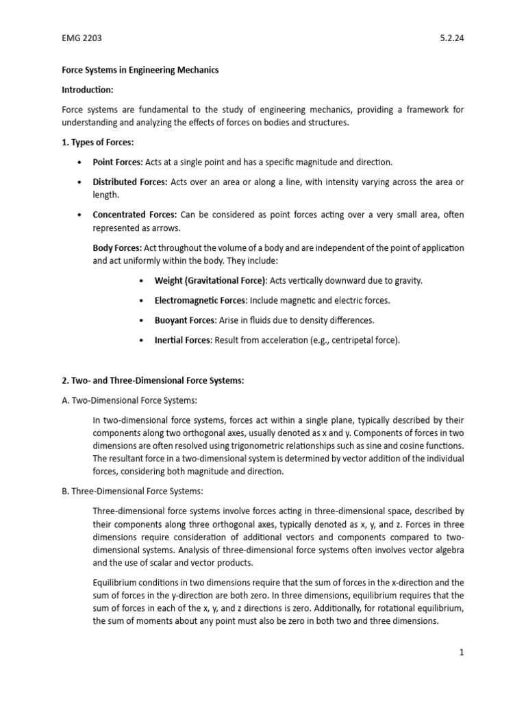 EMG 2203 Force Systems in Engineering Mechanics | PDF | Force ...