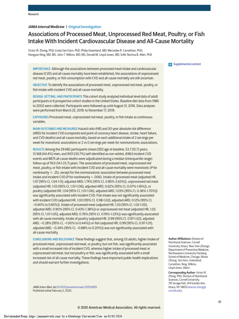Associations of Processed Meat, Unprocessed Red Meat, Poultry, or Fish ...