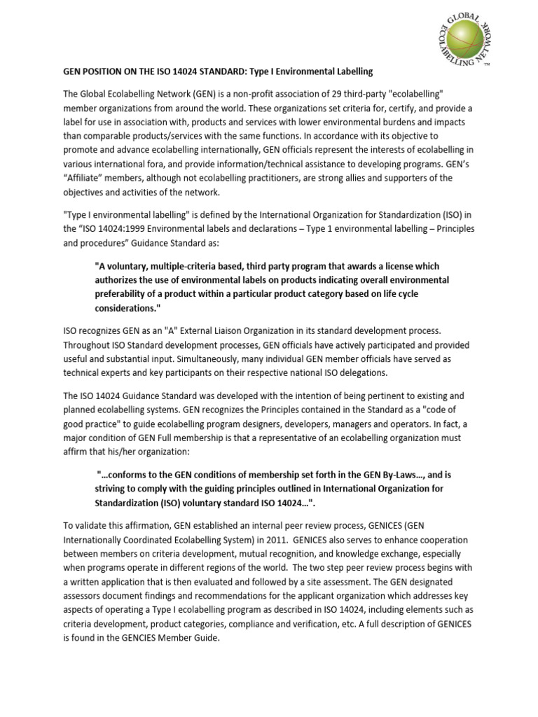 Gen Position On The Iso 14024 Guidance Standard 2017 | PDF