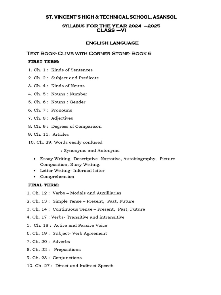 Class 6 Syllabus St. Vincent Asansol Icse Board | PDF | Verb | Linguistics