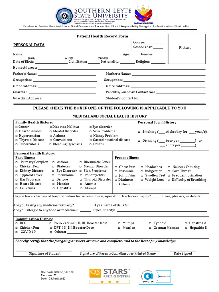 QF MD02 Patient Health Record Form 2 | PDF | Hepatitis | Measles