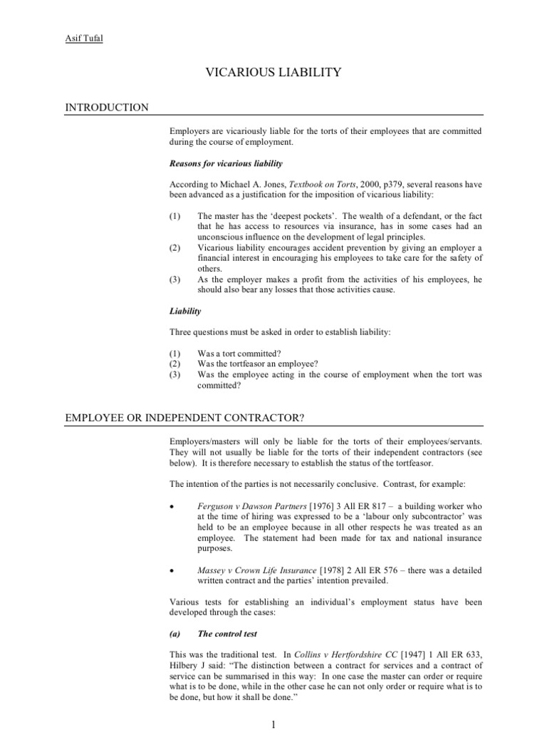 Vicarious Liability | Vicarious Liability | Tort