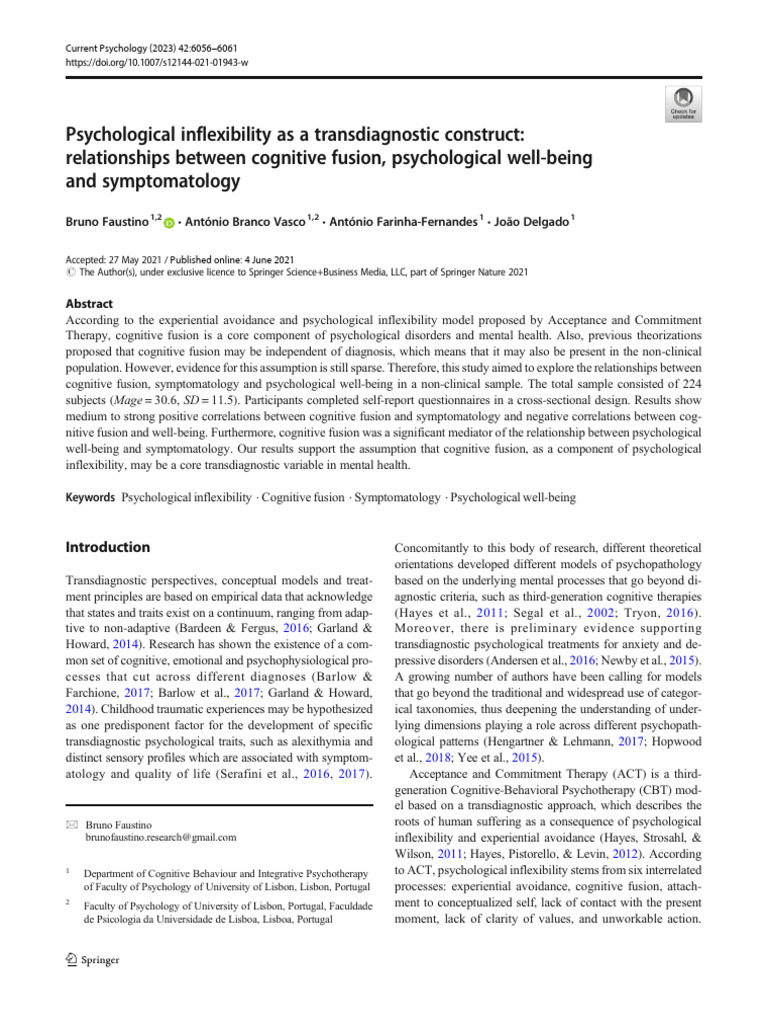 Psychological Inflexibility As A Transdiagnostic Construct ...