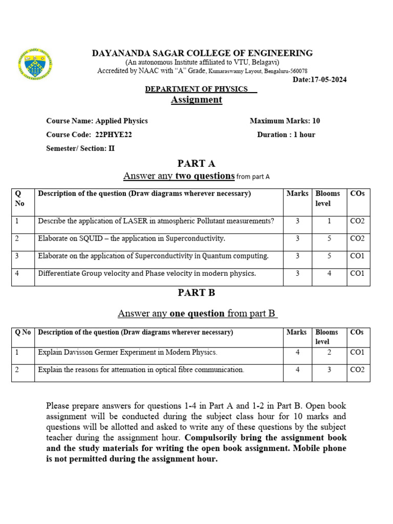 EE Stream Assignment Questions Physics 2022 II SEM | PDF | Physics ...