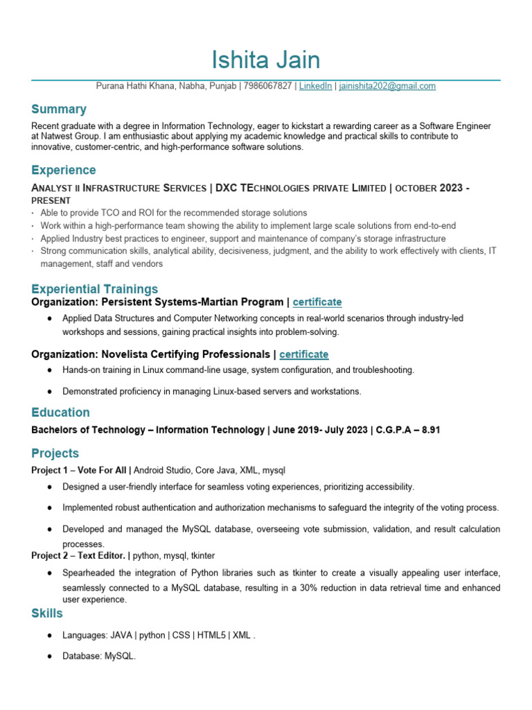 Resume Ishita Jain-1 | PDF | My Sql | Linux