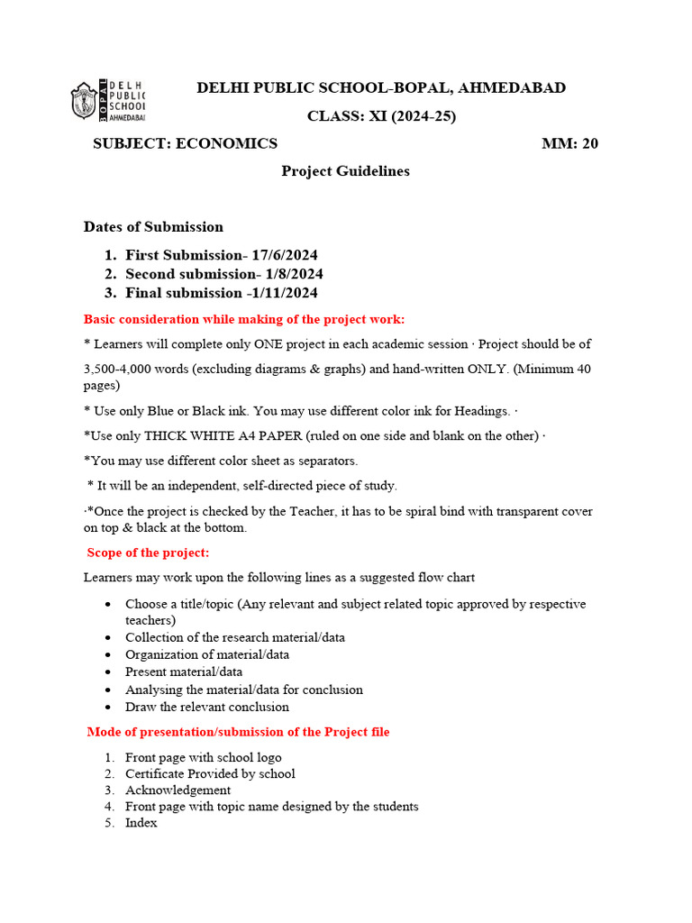 Class 11 Project Guidelines 24-25 | PDF | Economics | Theory