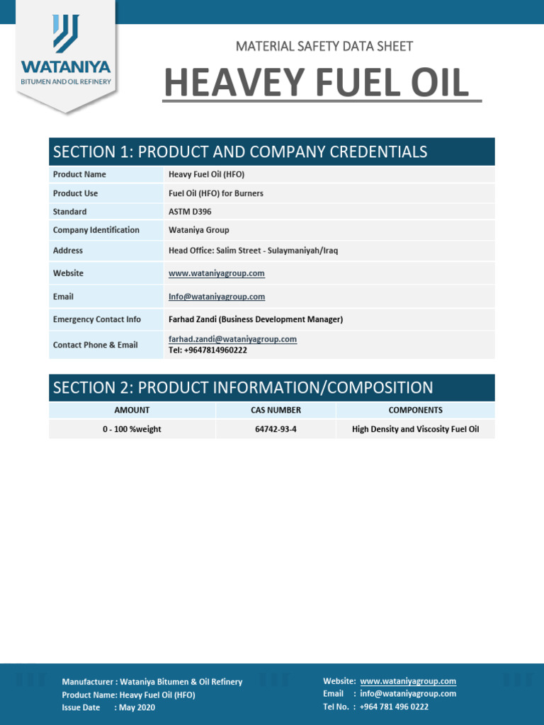MSDS Heavy Fuel Oil (HFO) - Wataniya Group | PDF | Combustion | Fuel Oil