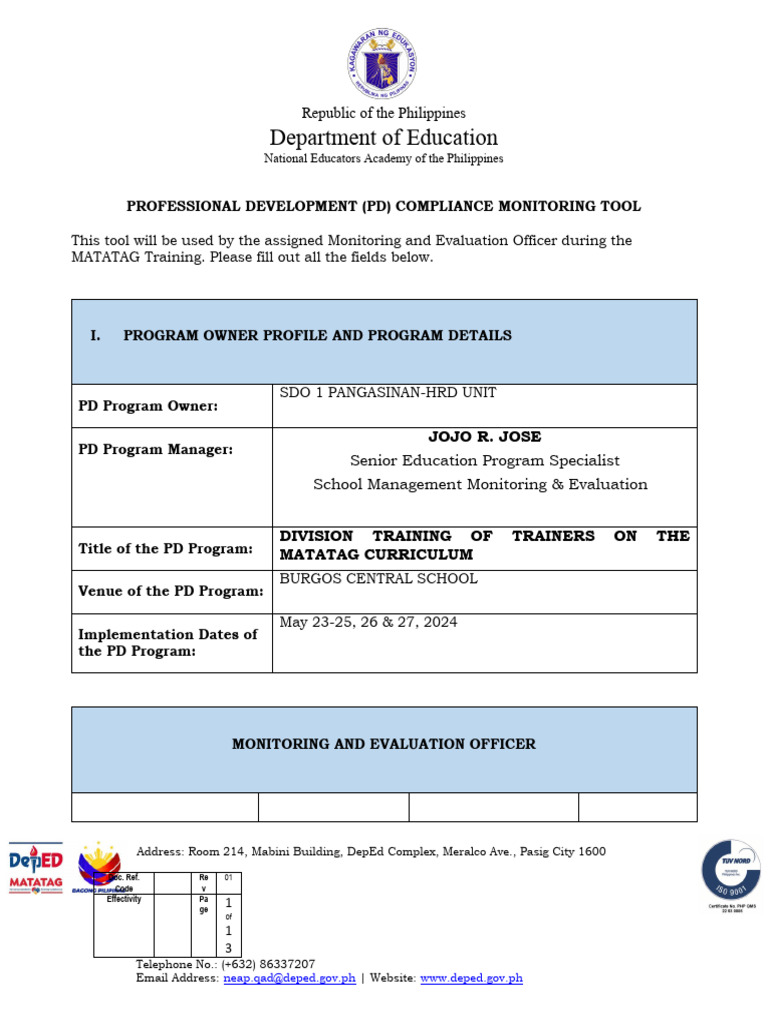 M&E - Tool 1 (PD) COMPLIANCE MONITORING TOOL | PDF | Business