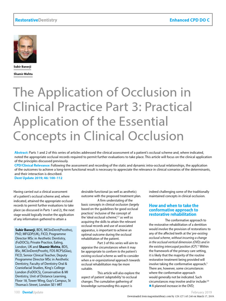 The Application of Occlusion in Clinical Practice Part 3: Practical ...