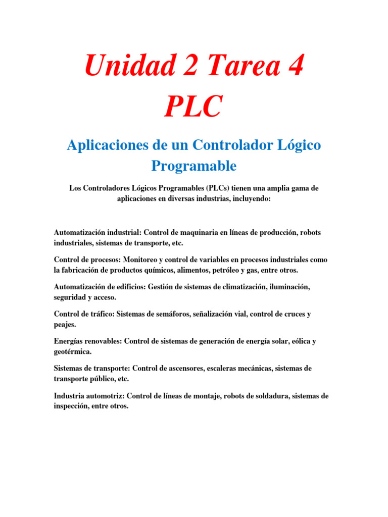Unidad 2 Tarea 4 PLC | PDF | Controlador lógico programable | Ciencias de la Computación