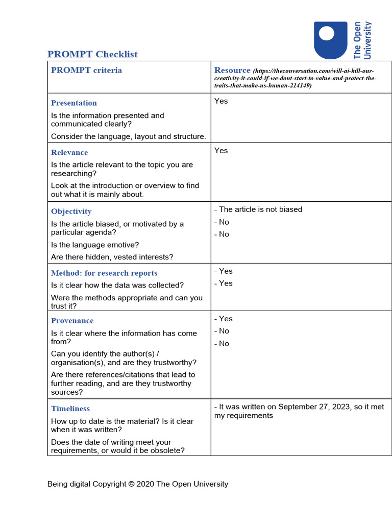 Portfolio Task 2 The PROMPT_checklist | PDF