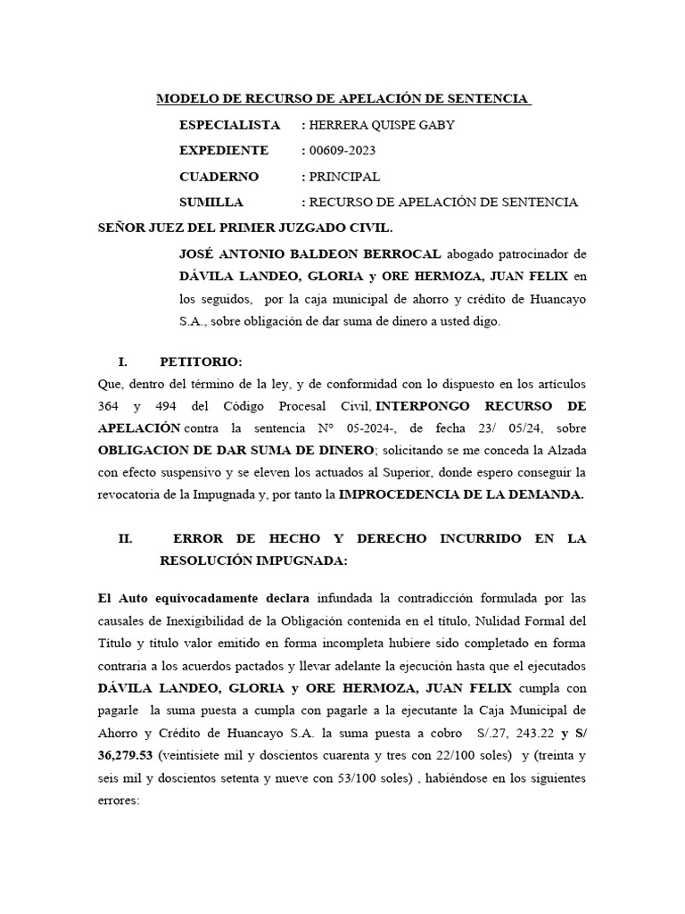Modelo-De-recurso - de Apelacion Fiorela 1 | PDF | Ley procesal | Apelación
