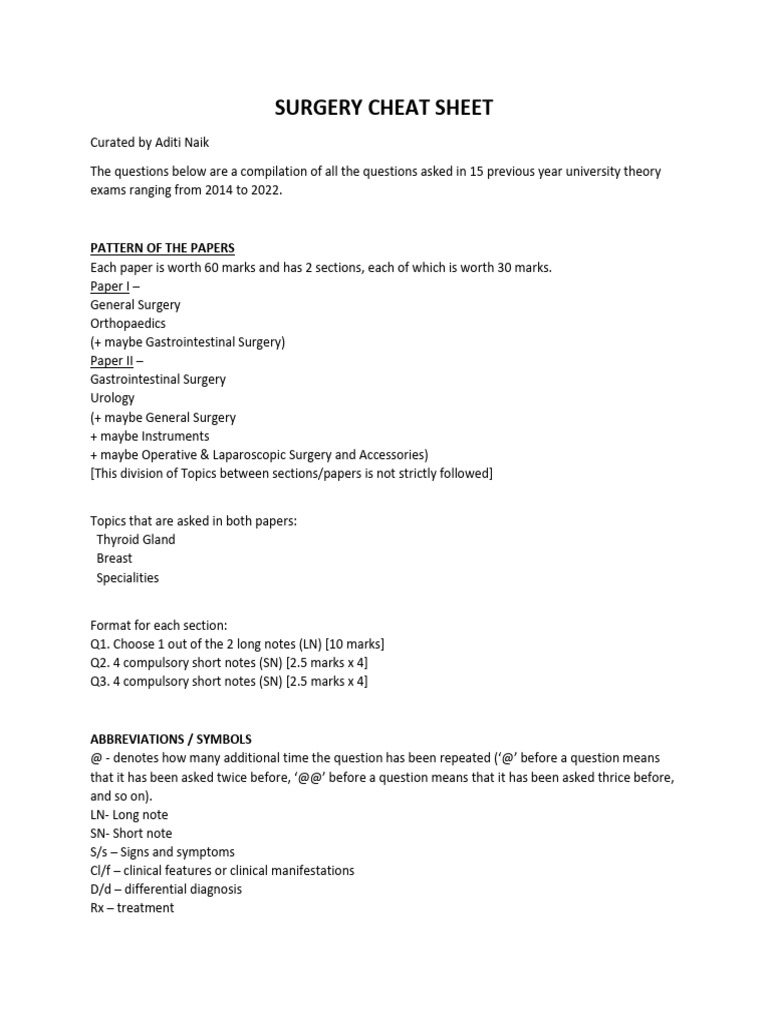 Surgery Cheat Sheet | Download Free PDF | Stomach | Medical Specialties