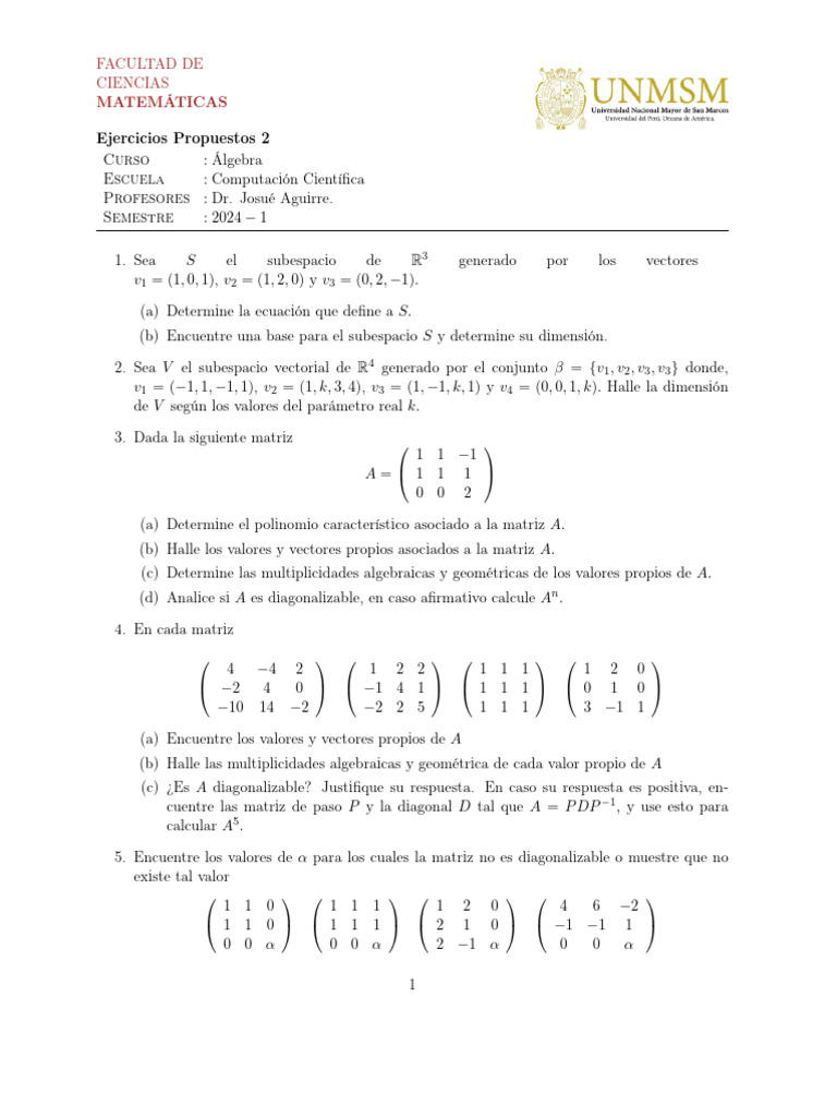 Lista 2 Álgebra | PDF | Valores propios y vectores propios | Álgebra