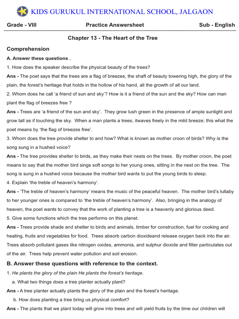 Grade 8 English SA 2 Practice Answersheet-1 | PDF | Plants | Trees