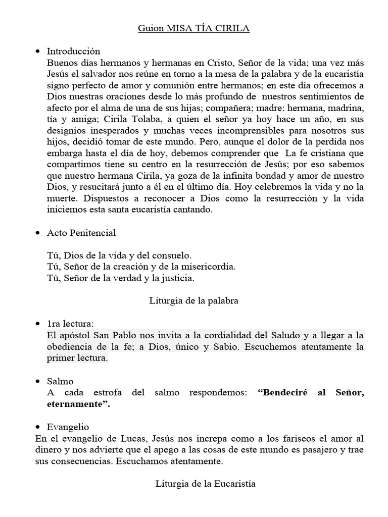 Guion Misa Tía Cirila | PDF | eucaristía
