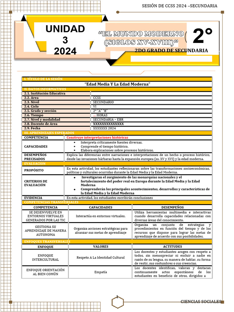 2º Sesiones Sem 1 Uni 3 - CCSS 2024 | Descargar gratis PDF | Maestros | Enseñando