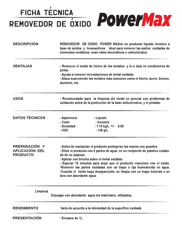 Removedor de Oxido - Ficha Tecnica - Hoja de Seguridad-1 | PDF | Agua ...