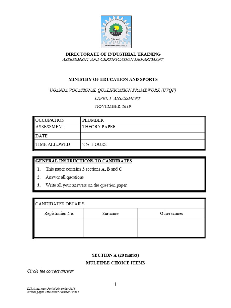 Plumbing Level 1 Theory Exam Paper | PDF | Water | Plumbing