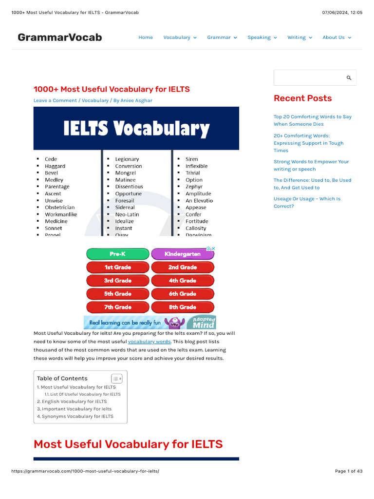 1000+ Most Useful Vocabulary For IELTS - GrammarVocab | PDF