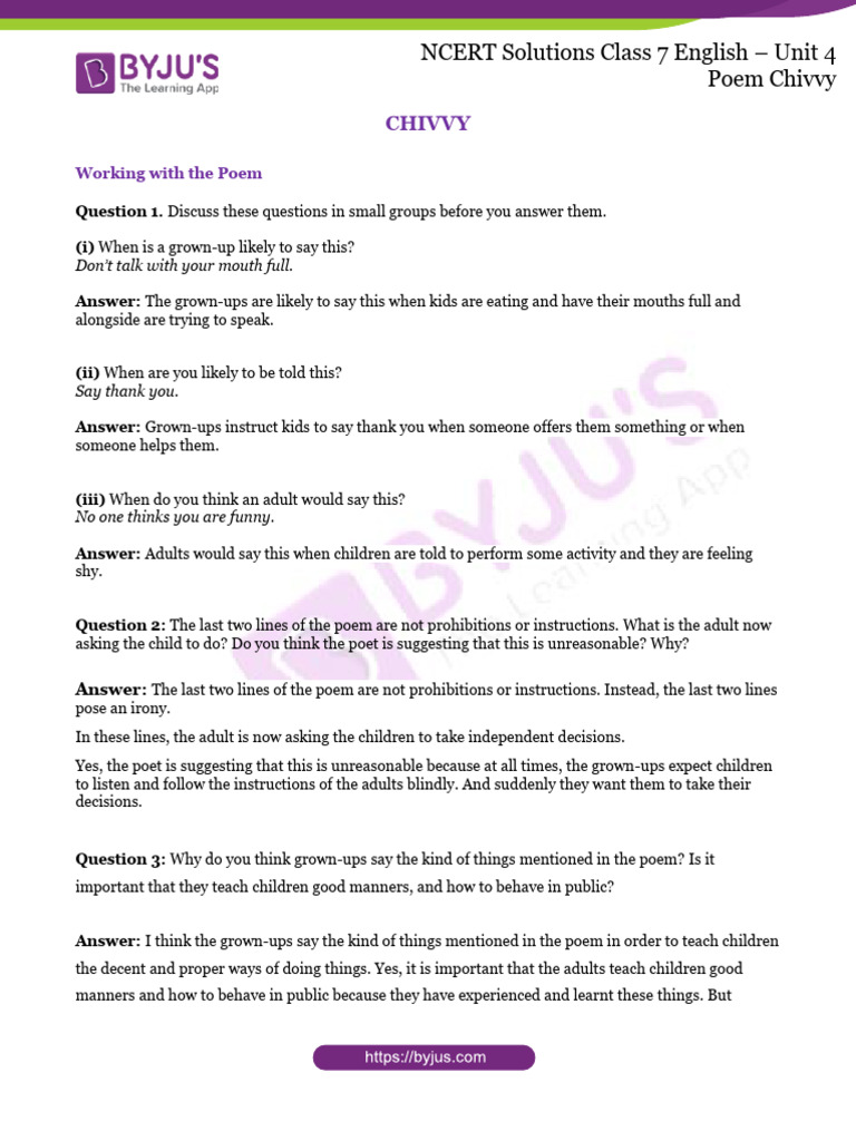 NCERT Solutions Class 7 English Unit 4 Poem Chivvy | PDF