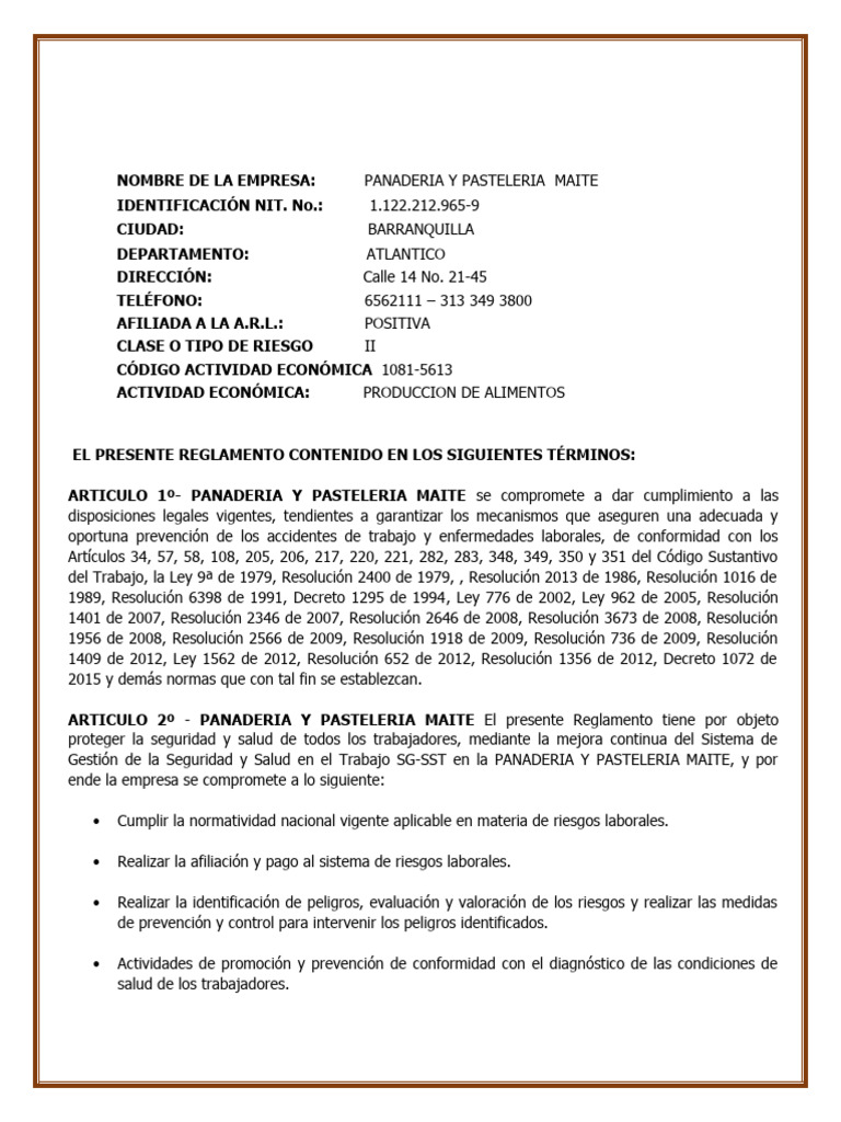 Reglamento de Higiene y Seguridad Aracellys | PDF | Seguridad y salud ...