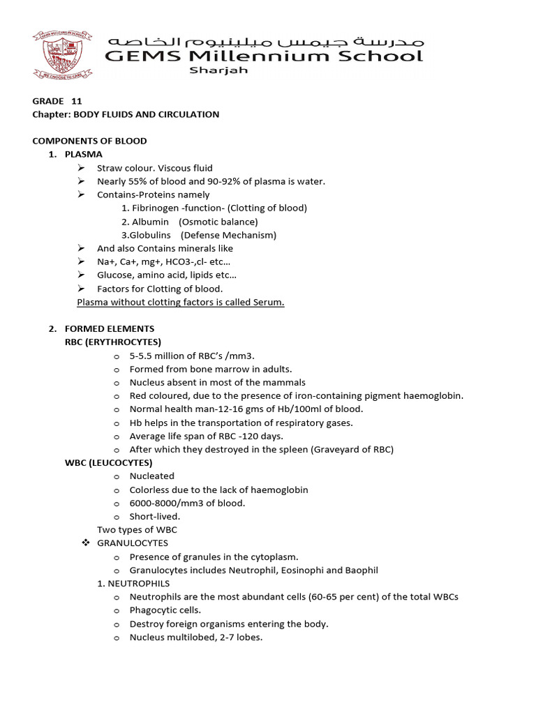 Body Fluids Circulation-Notes 2023 | PDF | Atrium (Heart) | Heart