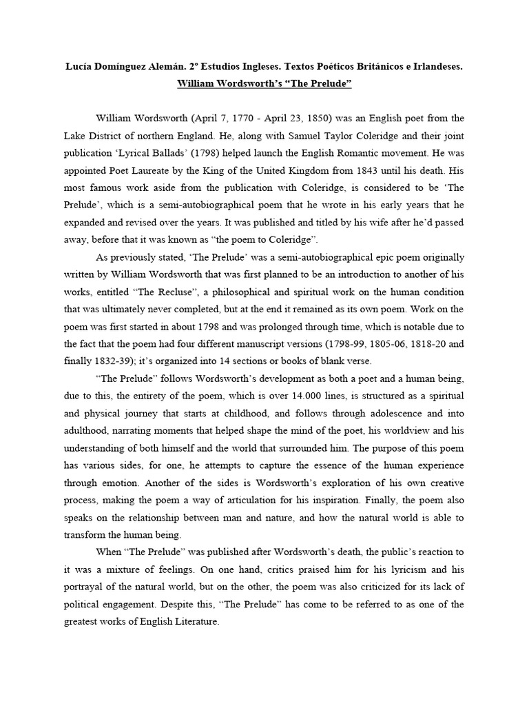 Wordsworth's "The Prelude" Analysis | PDF | William Wordsworth | Poetry