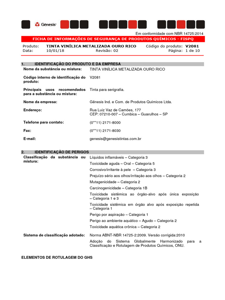 Fispq - Tinta Vinilica Metalizada Ouro Rico | PDF | Incêndios | Benzeno