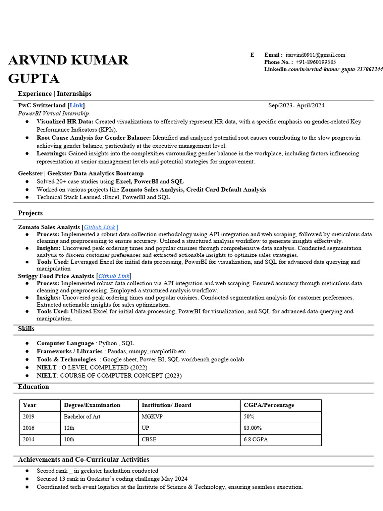 Arvind Kumar Gupta Resume | PDF | Data | Analytics