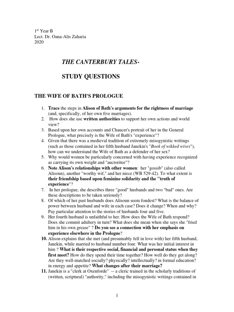 Wife of Bath Study Questions | PDF | Husband | Marriage