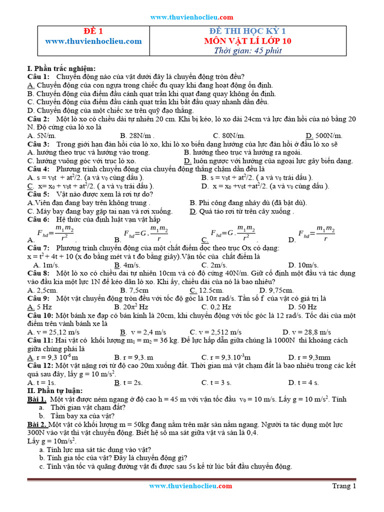 Bo de Thi Vat Li 10 HK1 | PDF